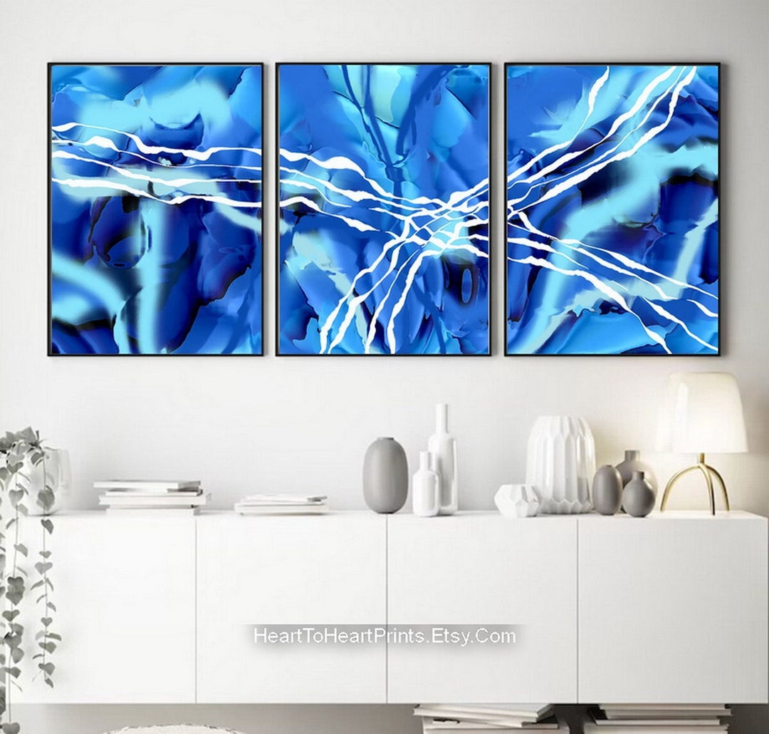 Blue Abstract Painting Set of 3 DIGITAL DOWNLOAD Wall Art Bright Blue ...