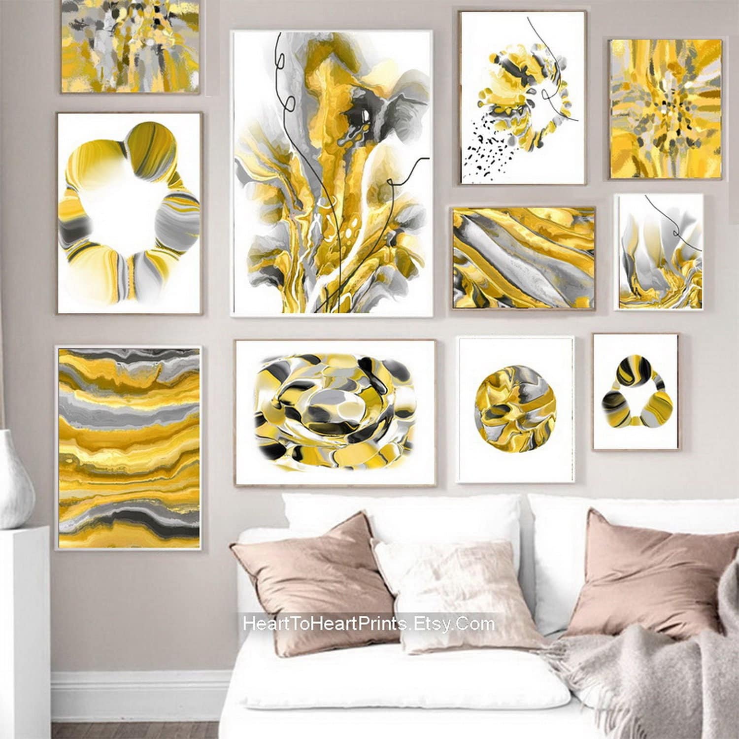 Yellow Gray Black Abstract Set of 12 Posters Abstract Painting PRINTABLE Wall Art Canvas ...