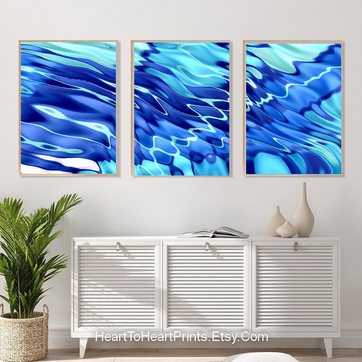 Blue Abstract Painting Set of 3 DIGITAL Navy Aqua Blue Abstract Artwork ...