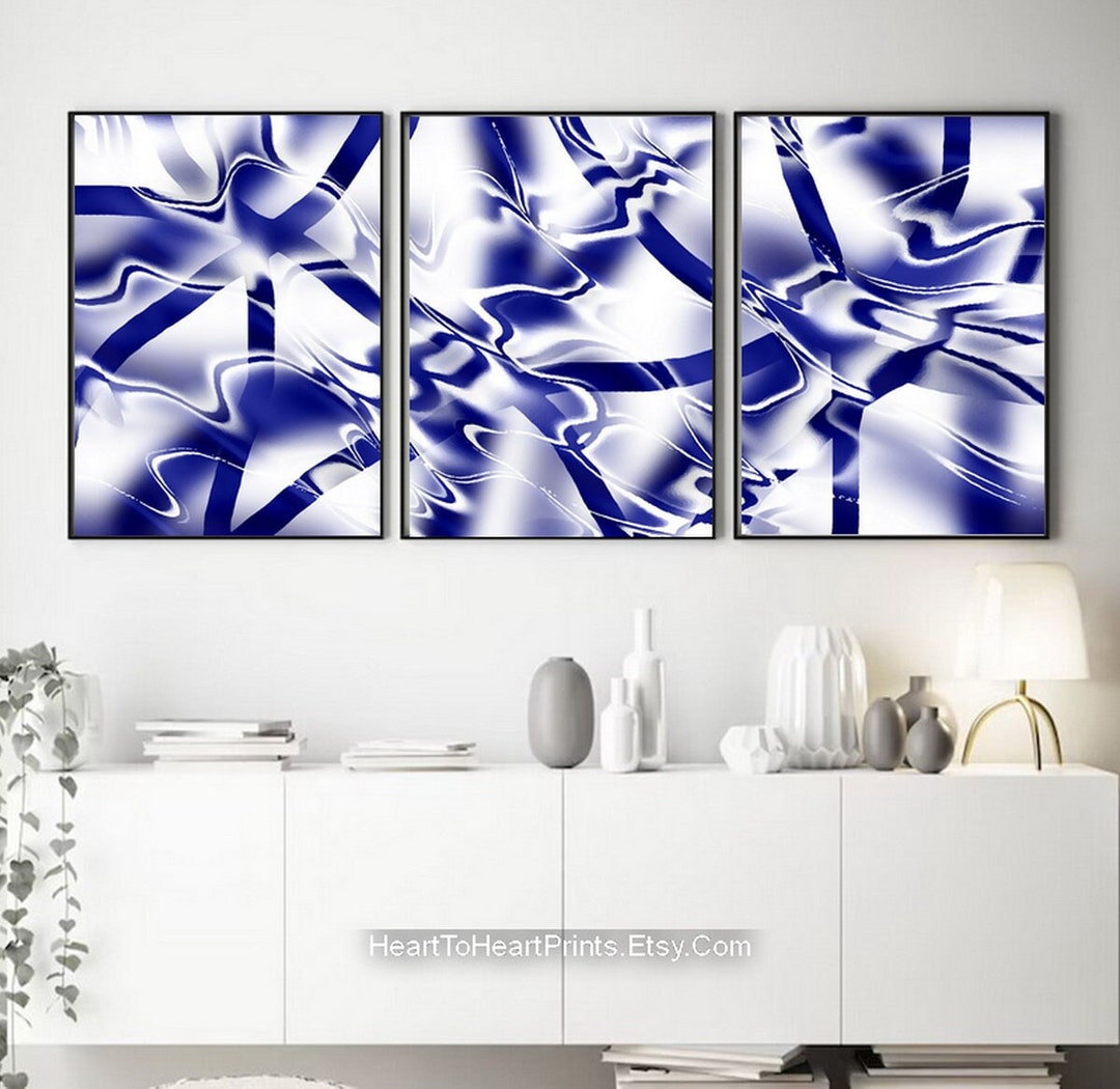 Navy Blue White Abstract Canvas PRINTABLE Set of 3 Wall Art Blue ...