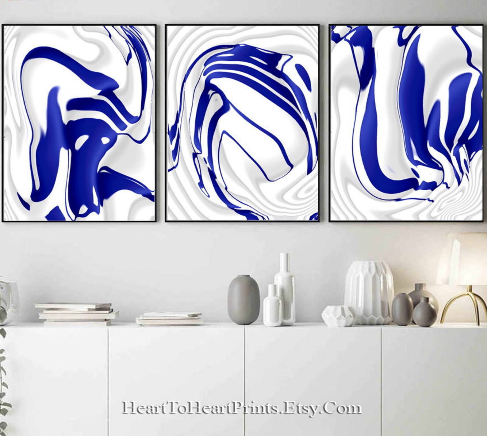 Navy Abstract Printable Wall Art Set of 3 Prints Navy Blue | Etsy