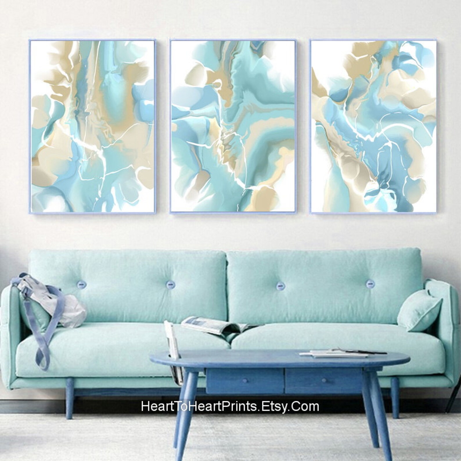 Turquoise Abstract Wall Art Set of 3 PRINTABLE Art Aqua Blue Abstract ...