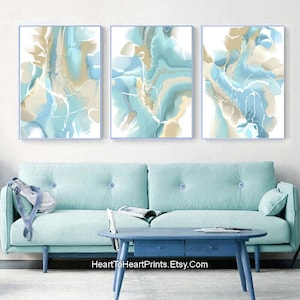 Turquoise Abstract Wall Art Set of 3 PRINTABLE Art Aqua Blue Abstract ...