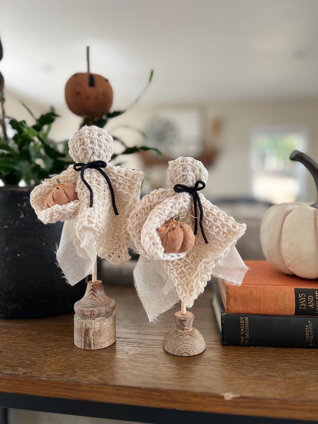 Crocheted Ghost With Repurposed Wooden Spindle Base, Vintage Halloween ...