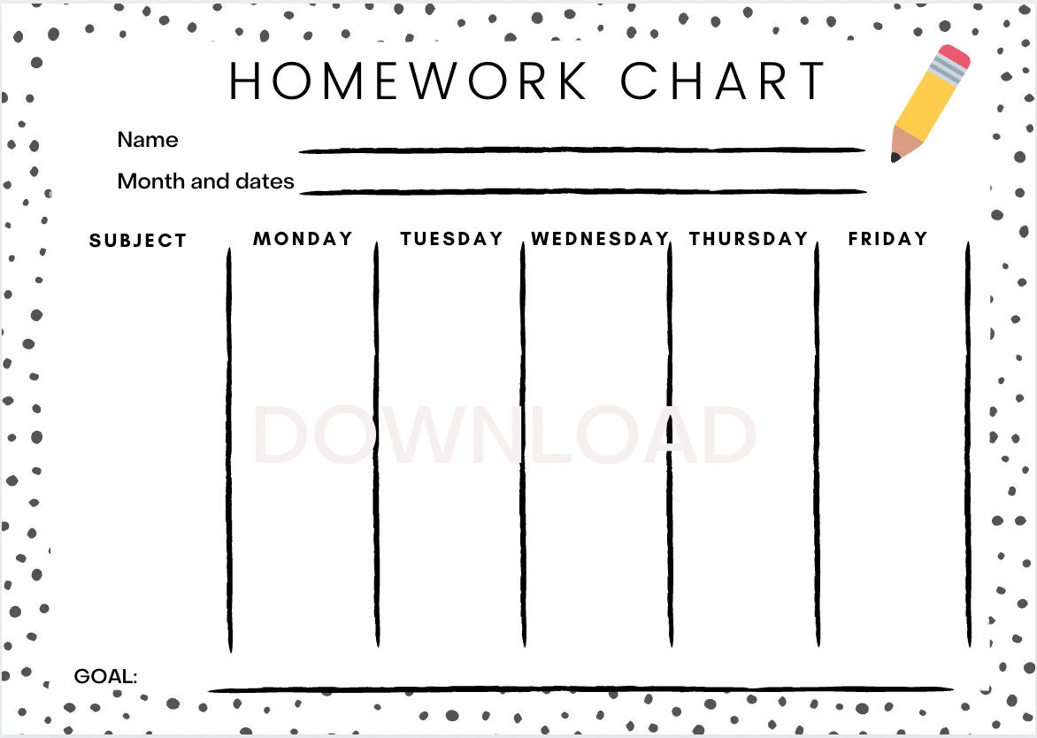 Homework Chart Instant Download to Print and Write On. Great for ...