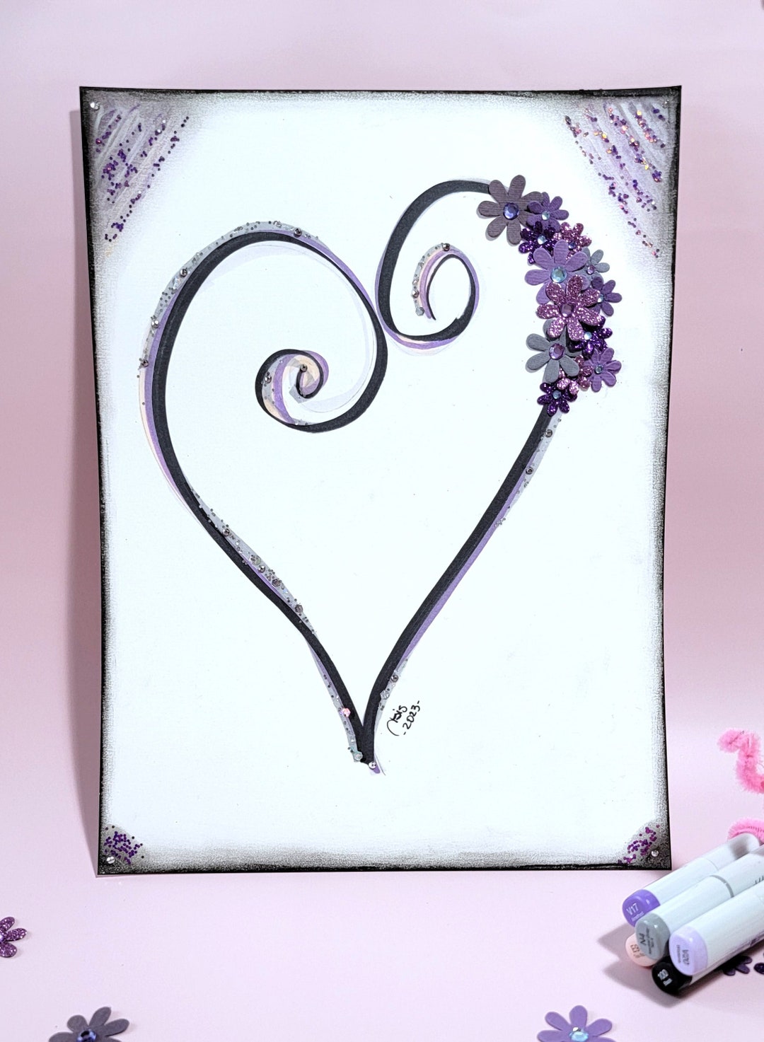 Gothic Heart Drawing in Purple Colors With Flowers and Glitter - Etsy