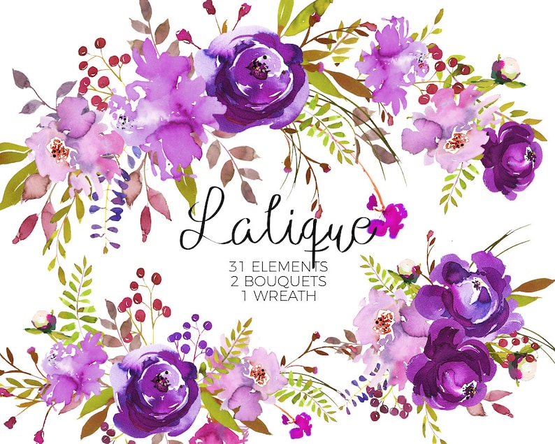 Purple Watercolor Flowers Clipart Set Wedding Floral Bouquets | Etsy
