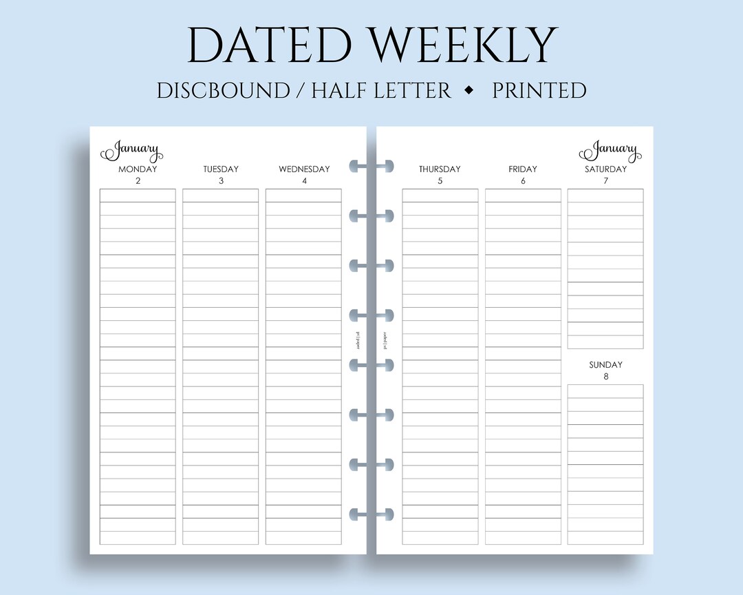 Dated Weekly Planner Inserts, Vertical Layout, Lined Columns, Week on ...