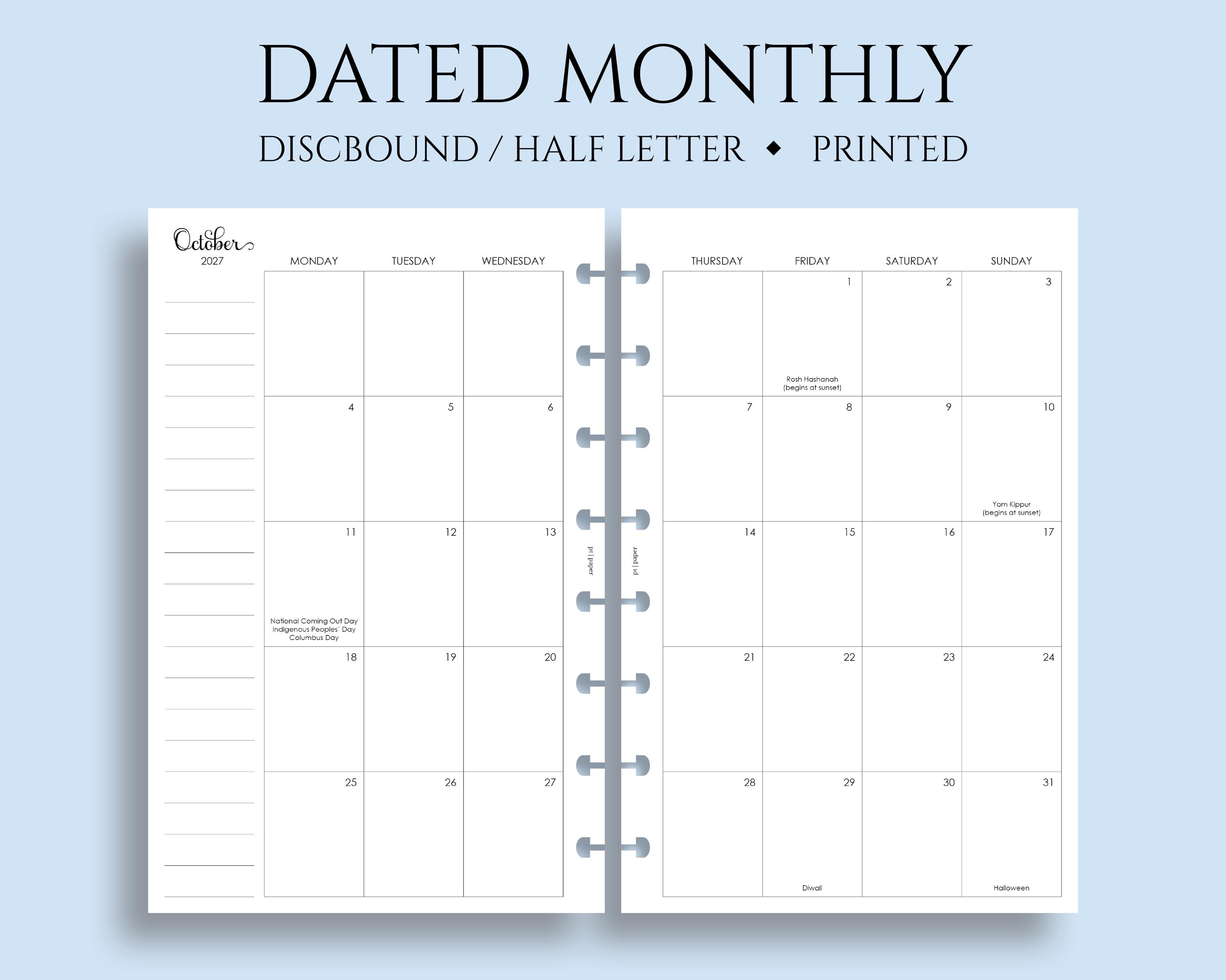 Dated Monthly Calendar Planner Inserts, Junior Half Letter Size ...