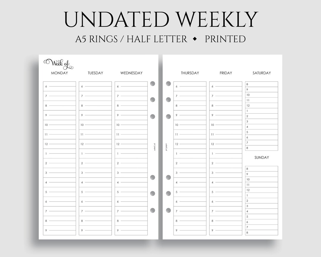 Undated Weekly Planner Inserts, Vertical Timed Hourly Layout, Week on ...