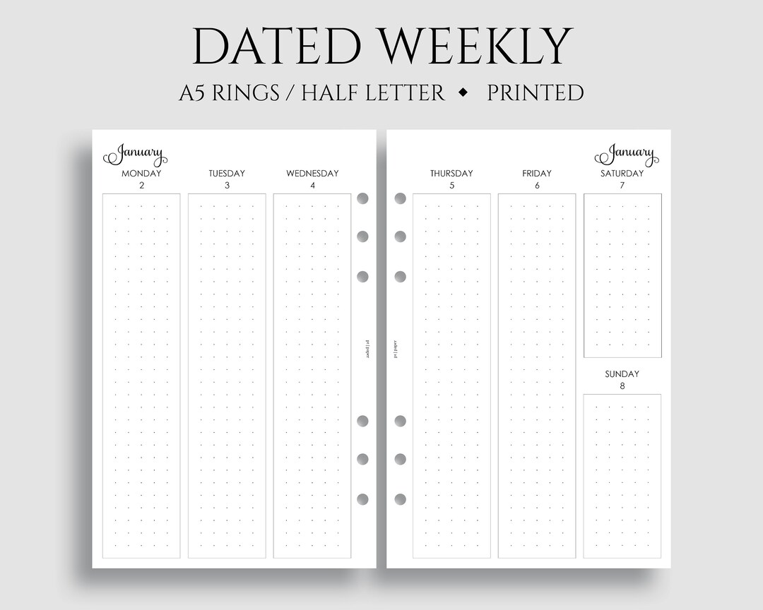 Dated Weekly Planner Inserts, Vertical Column Layout With Dot Grid, Two ...
