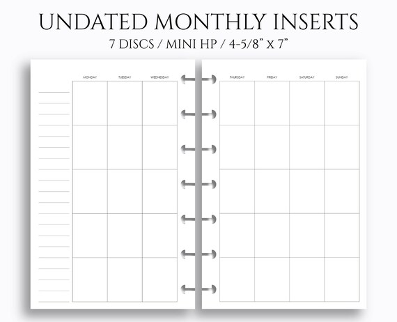 Undated Monthly Calendar Planner Inserts Monday to Sunday | Etsy