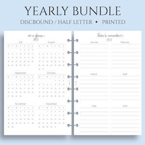 Yearly Calendar Bundle, Junior Half Letter Size Discbound, Year-at-a ...