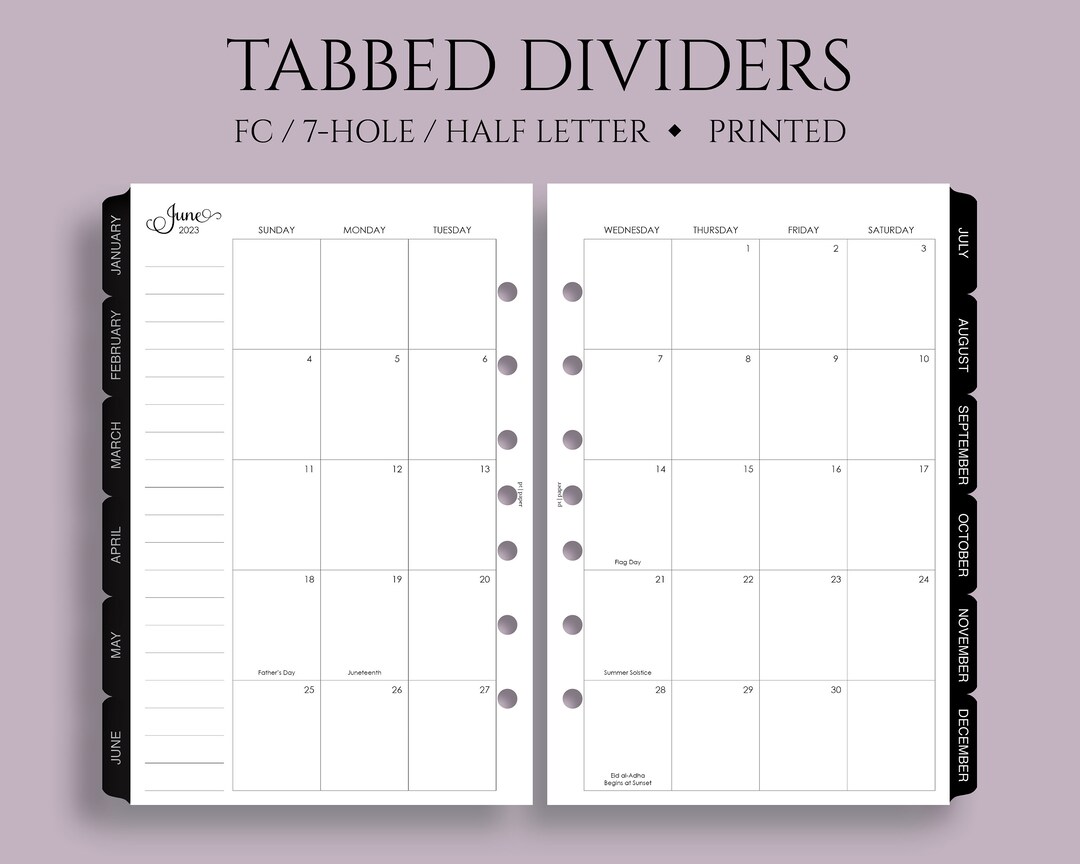 Tabbed Monthly Dividers, Printed Monthly Calendars With Mylar Tabs ...