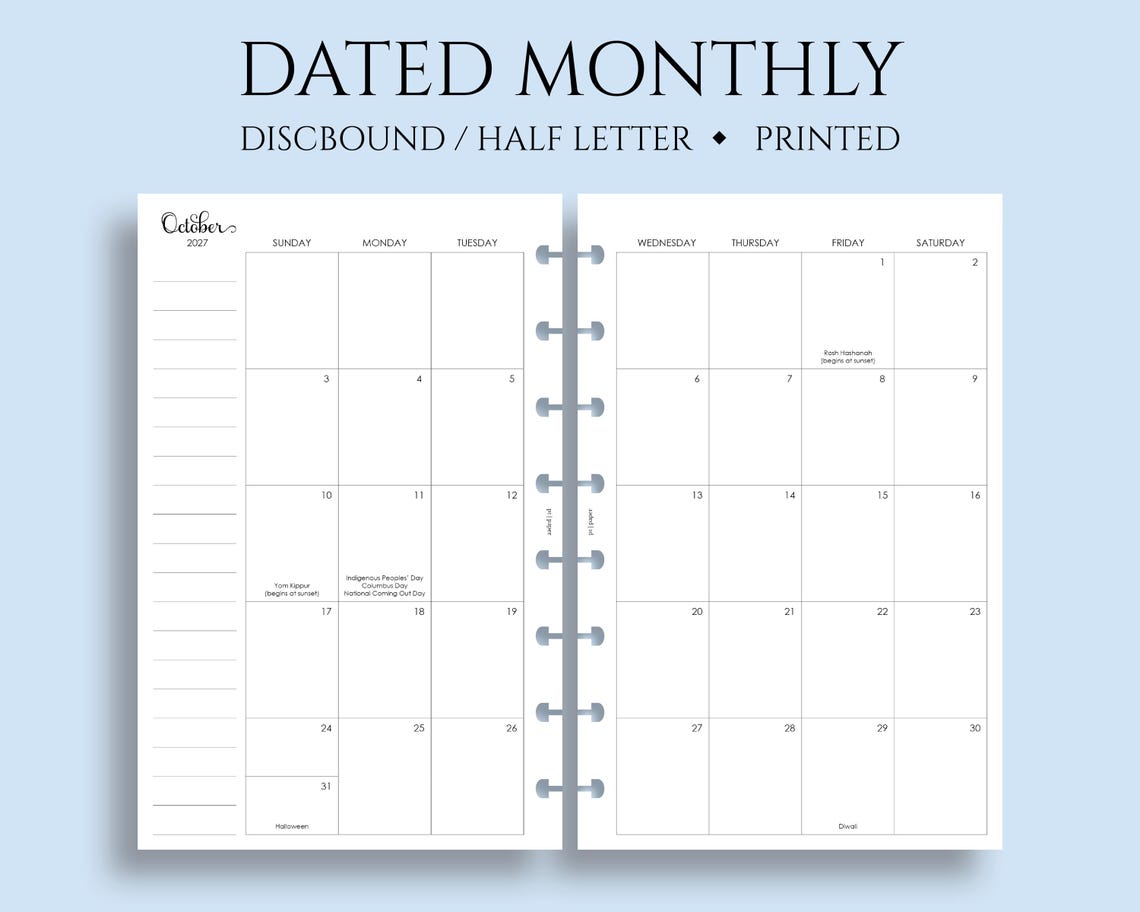 Dated Monthly Calendar Planner Inserts, Junior Half Letter Size ...