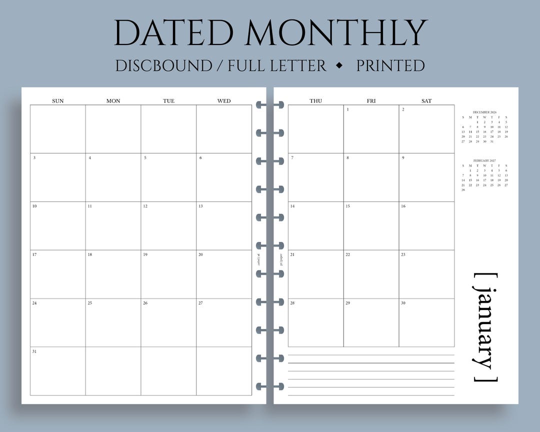 Dated Monthly Calendar Planner Inserts, Full Letter Size Discbound ...