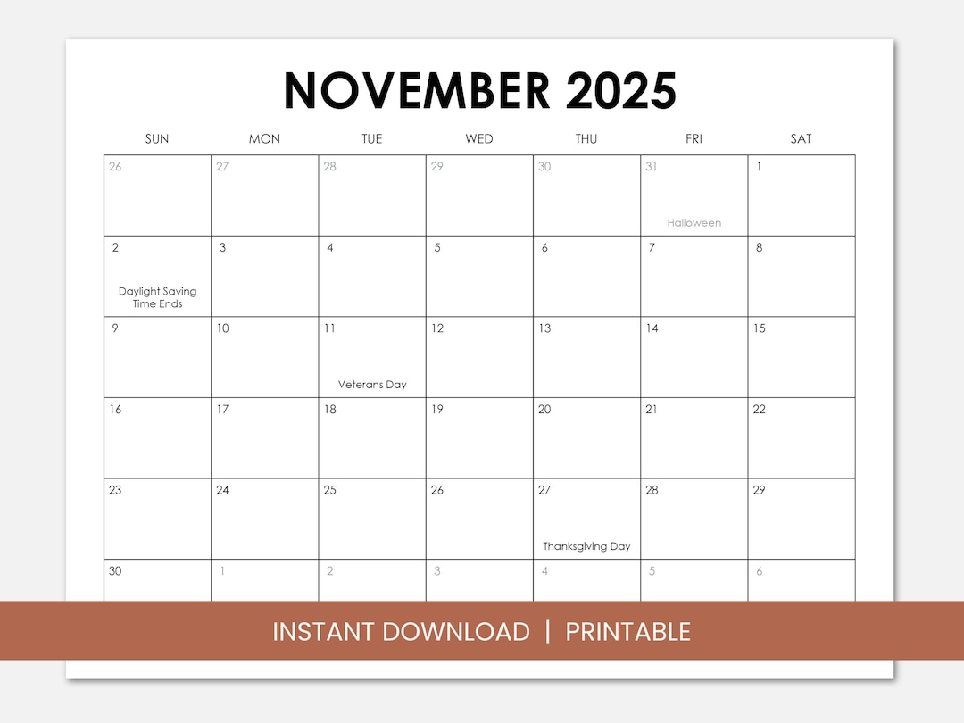 November 2025 Calendar With Holidays, Printable Dated November Monthly ...