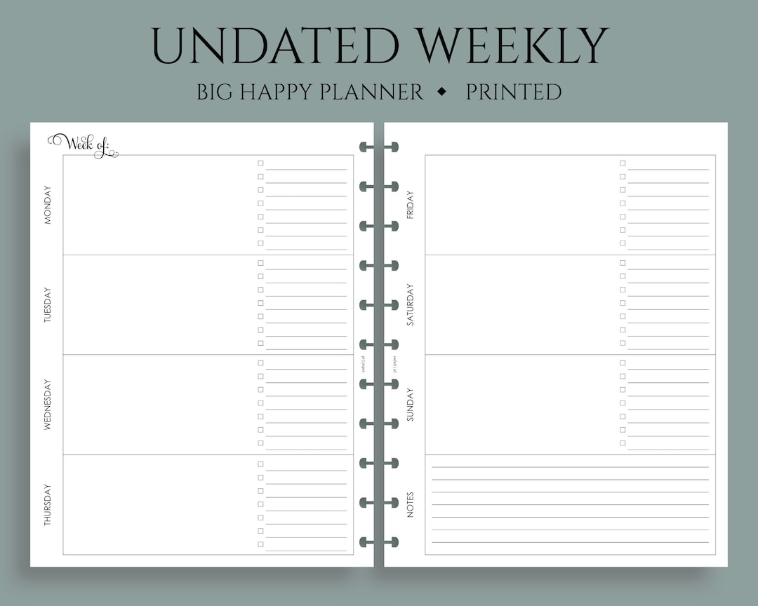 Undated Weekly Planner Inserts, Horizontal Week on Two Pages, Daily to ...