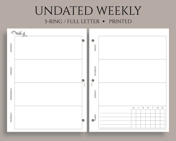 Undated Weekly Planner Inserts Horizontal Layout With Weekly - Etsy