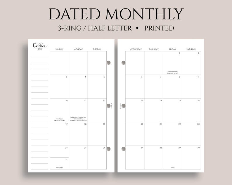 Dated Monthly Calendar Planner Inserts, 3-ring Mini, Half Letter ...