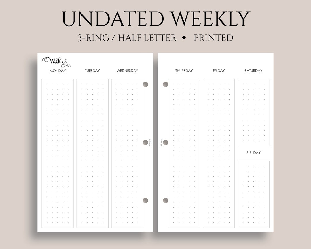 Undated Weekly Planner Inserts, Vertical Column Layout With Dot Grid ...