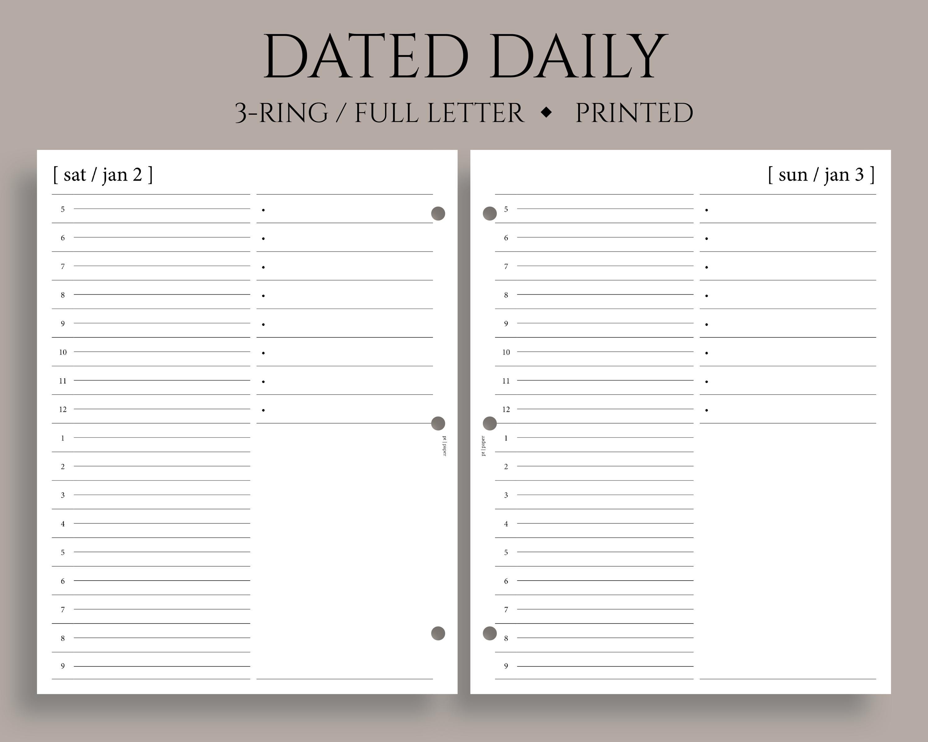 Dated Daily Planner Inserts, 3-ring Full Letter, Timed Hourly, Minimal ...