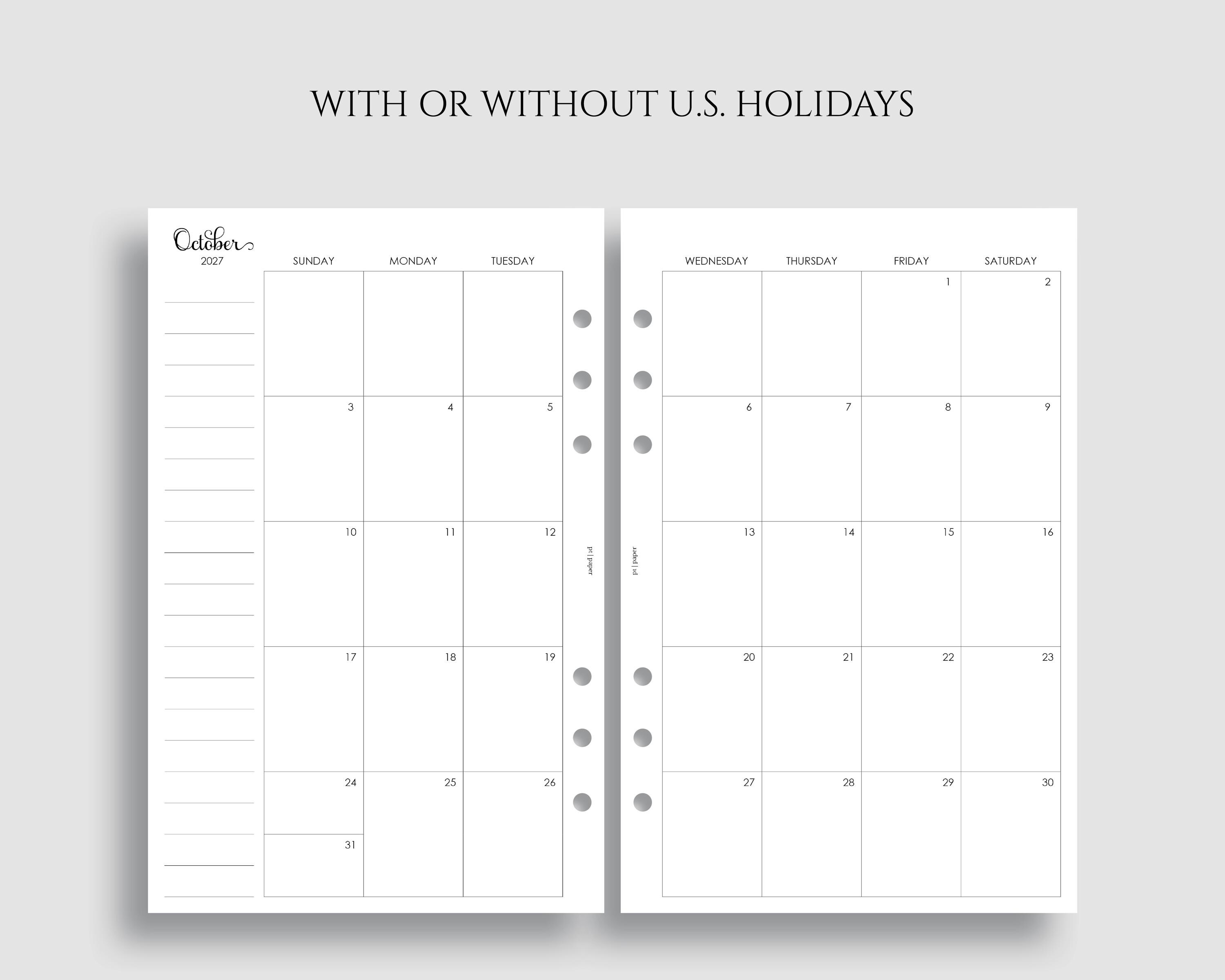 Dated Monthly Calendar Planner Inserts, A5 6-ring Punch, Half Letter ...