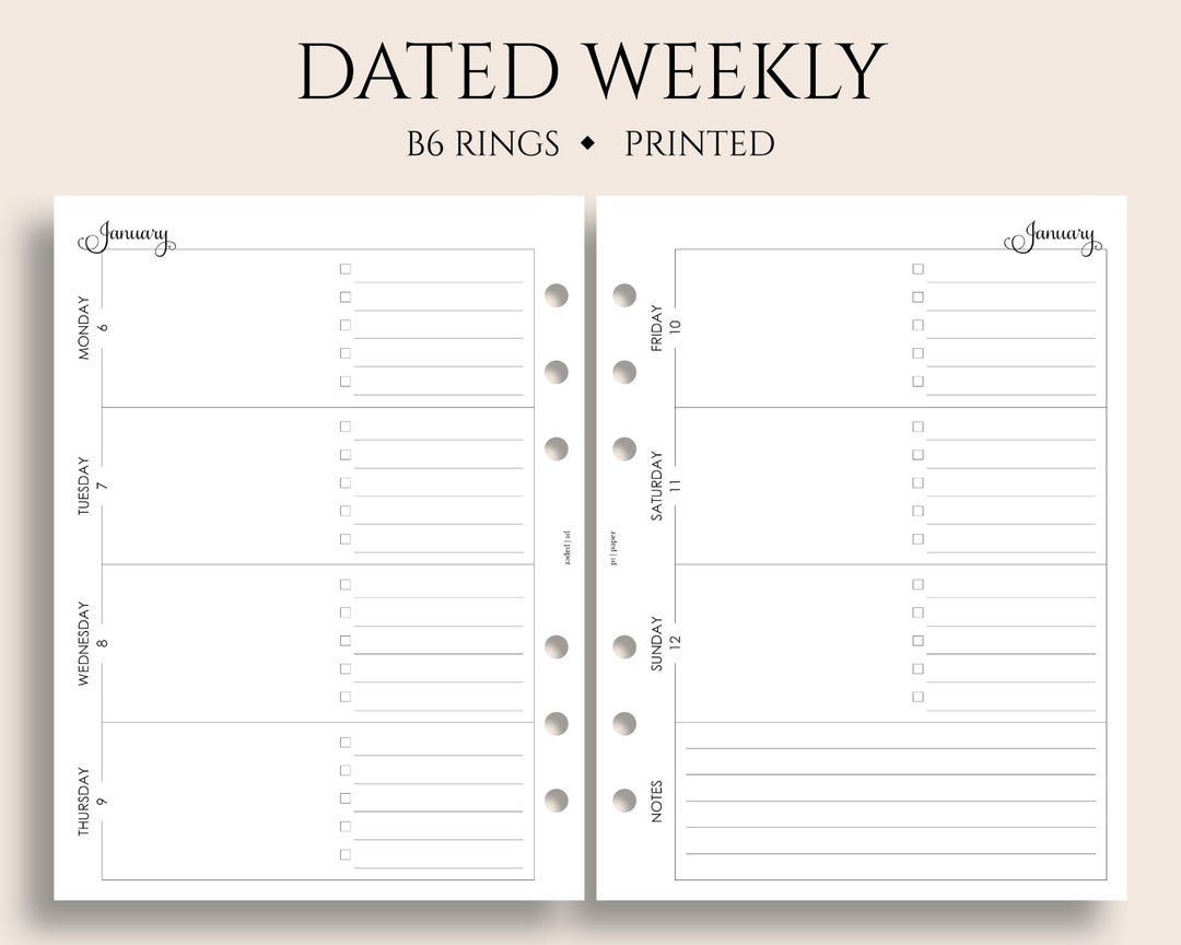 2025 Dated Weekly Planner Inserts, B6 Planner, 6-ring, Horizontal ...