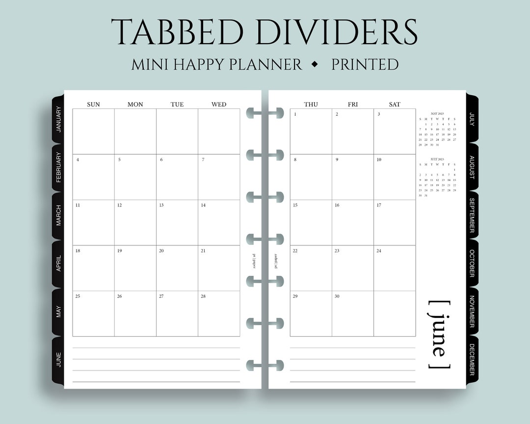 Tabbed Monthly Dividers, Printed Monthly Calendars With Mylar Tabs ...