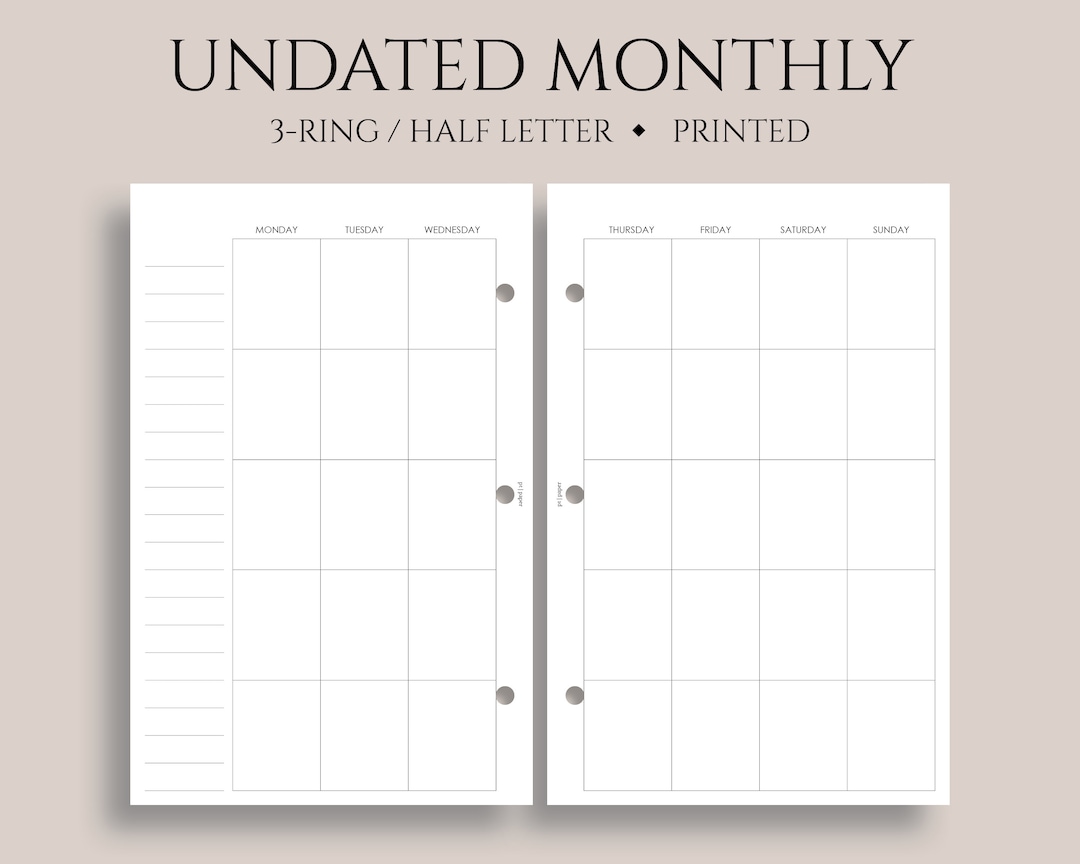 Undated Monthly Calendar Planner Inserts, Monday Start, Monday to ...