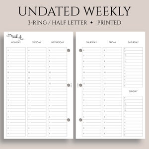Undated Weekly Planner Inserts, Vertical Timed Hourly Layout, Week on ...