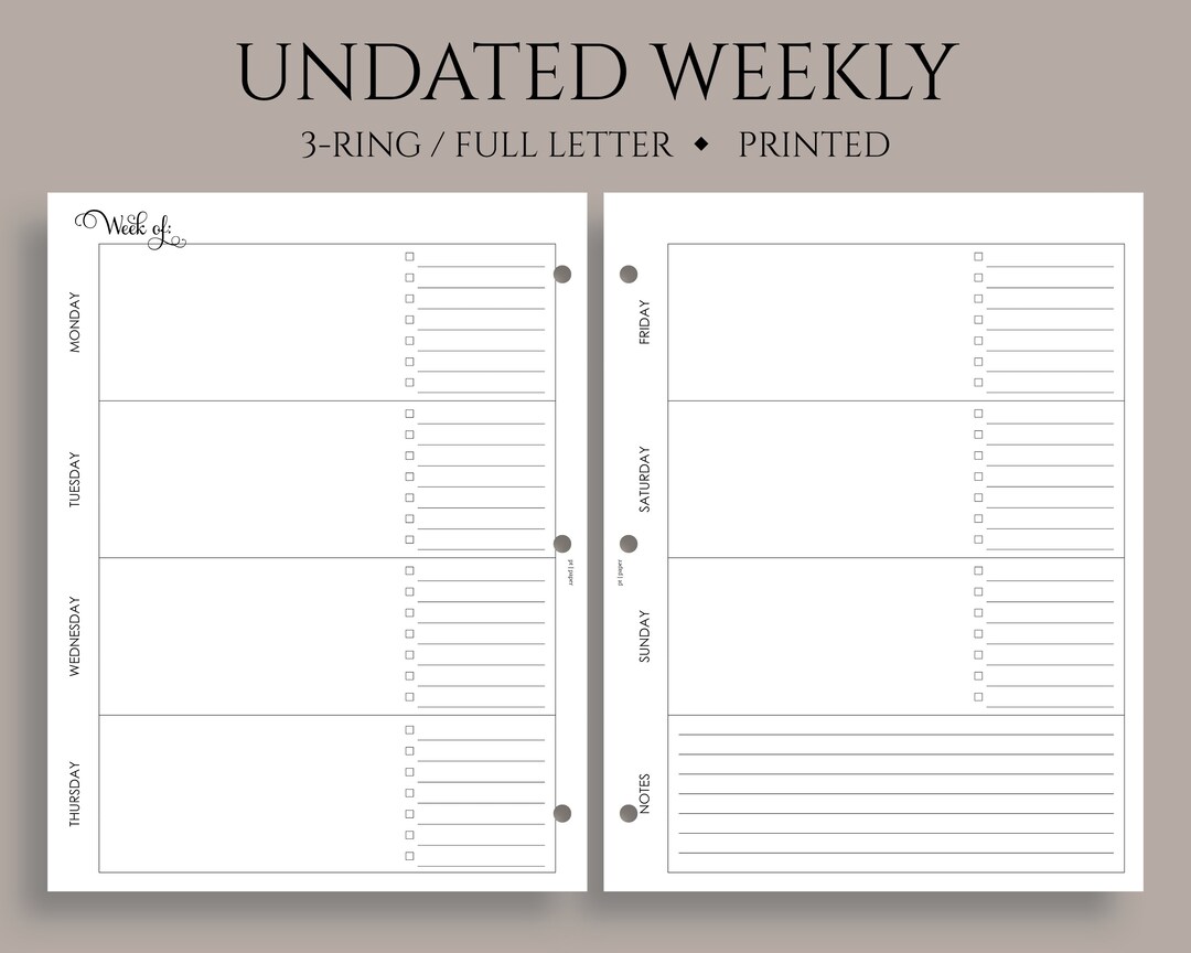 Undated Weekly Planner Inserts, Horizontal Week on Two Pages, Daily to ...