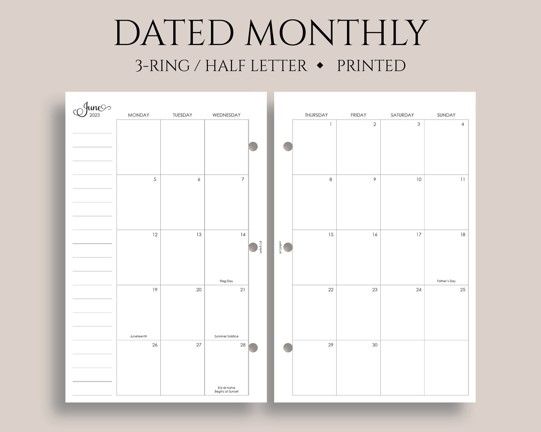 Dated Monthly Calendar Planner Inserts, Monday Start, Optional Holidays ...