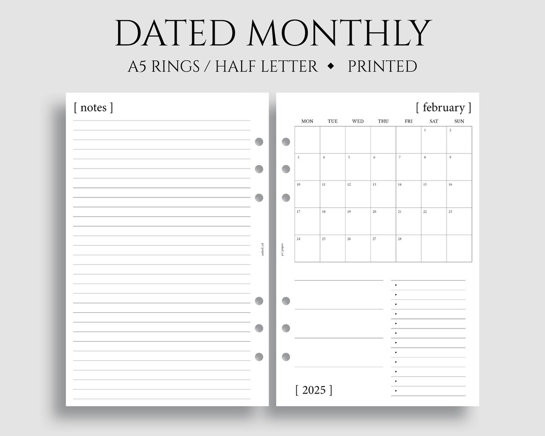 Dated Monthly Calendar Planner Inserts, A5 6-ring Punch, Half Letter ...