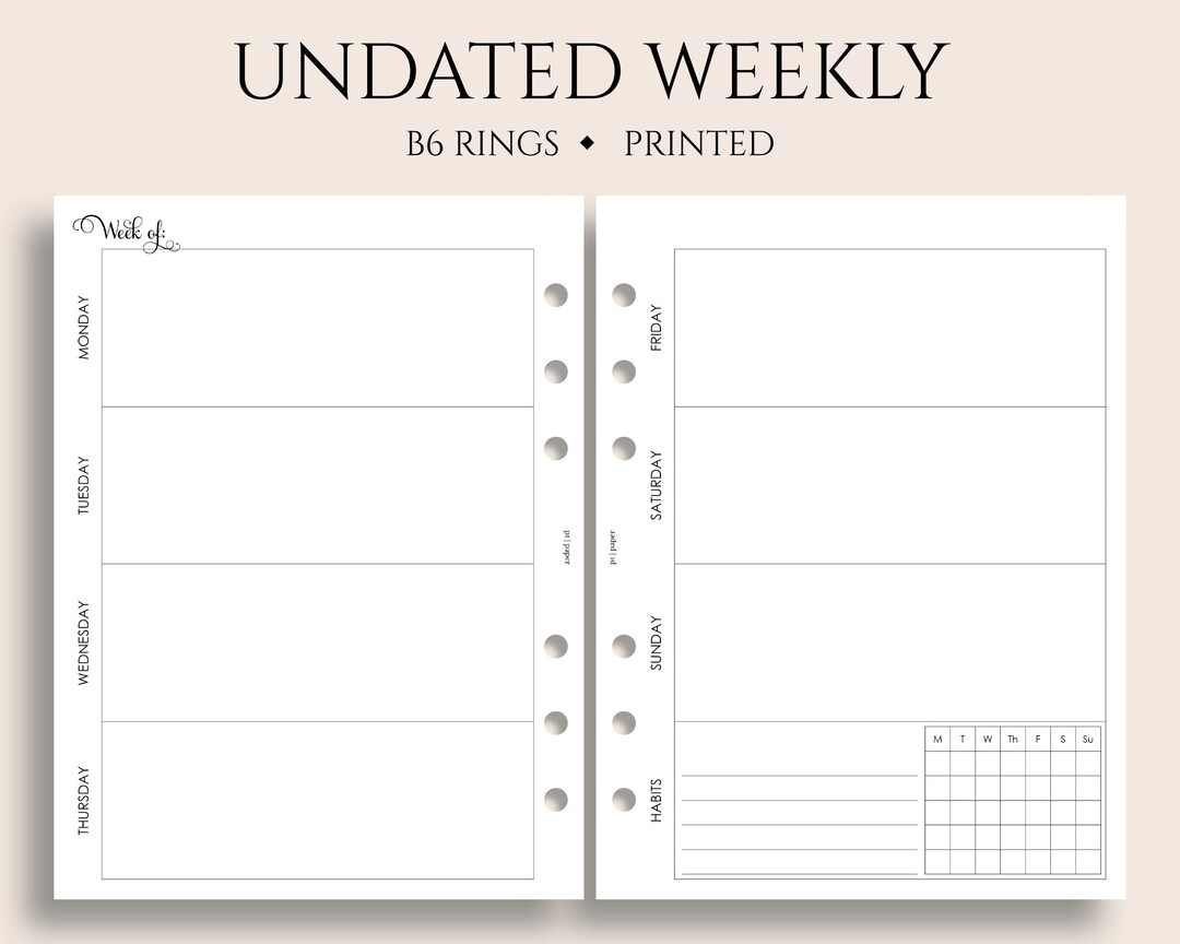 Undated Weekly Planner Inserts, B6 Planner, 6-ring, Horizontal Layout ...