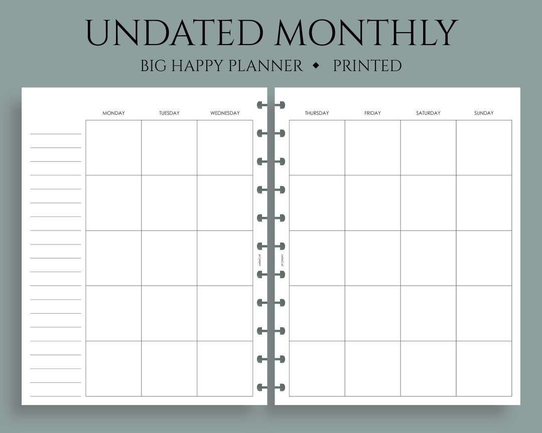 Undated Monthly Calendar Planner Inserts, Monday to Sunday, MO2P Layout ...