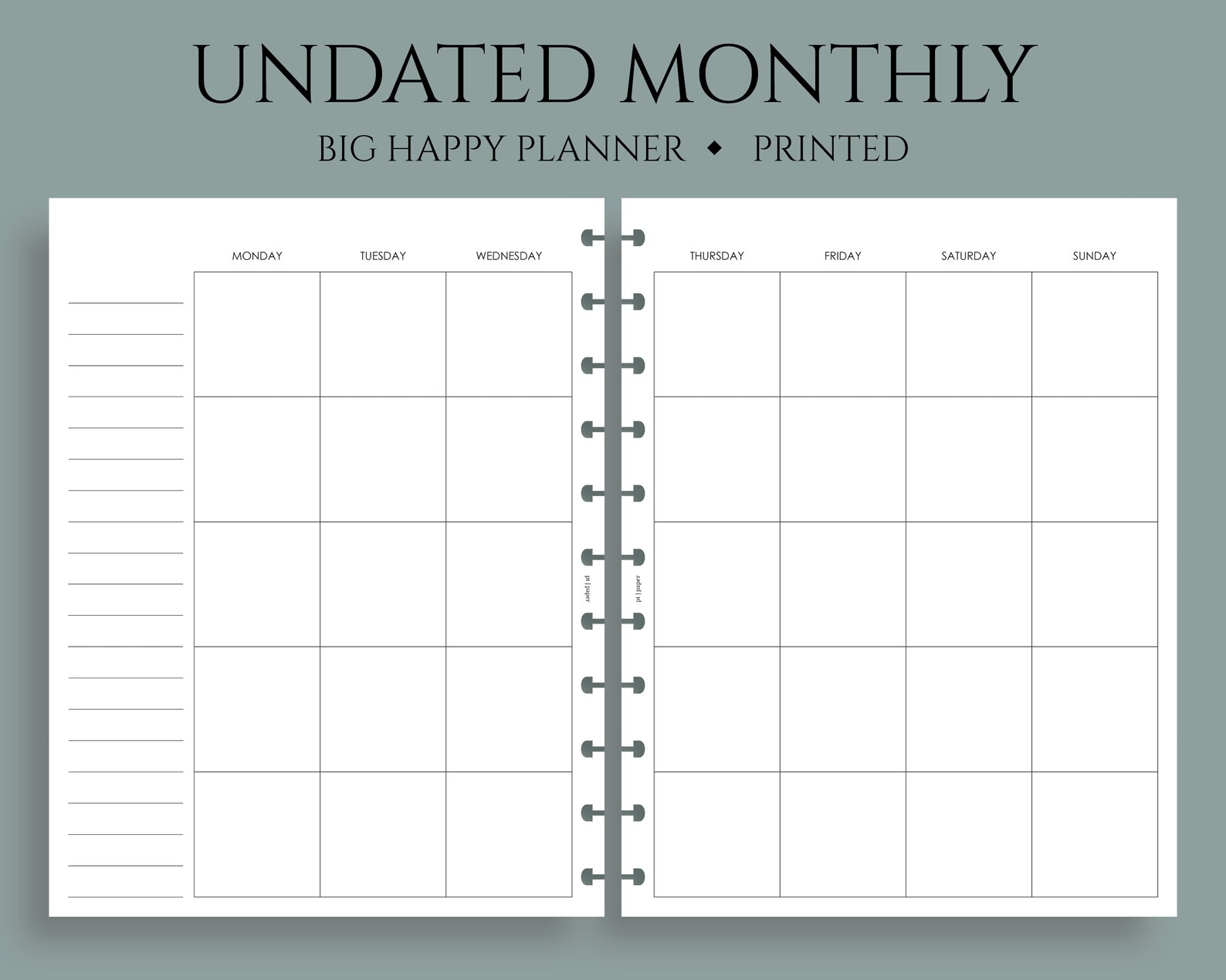 Undated Monthly Calendar Planner Inserts, Monday to Sunday, MO2P Layout ...