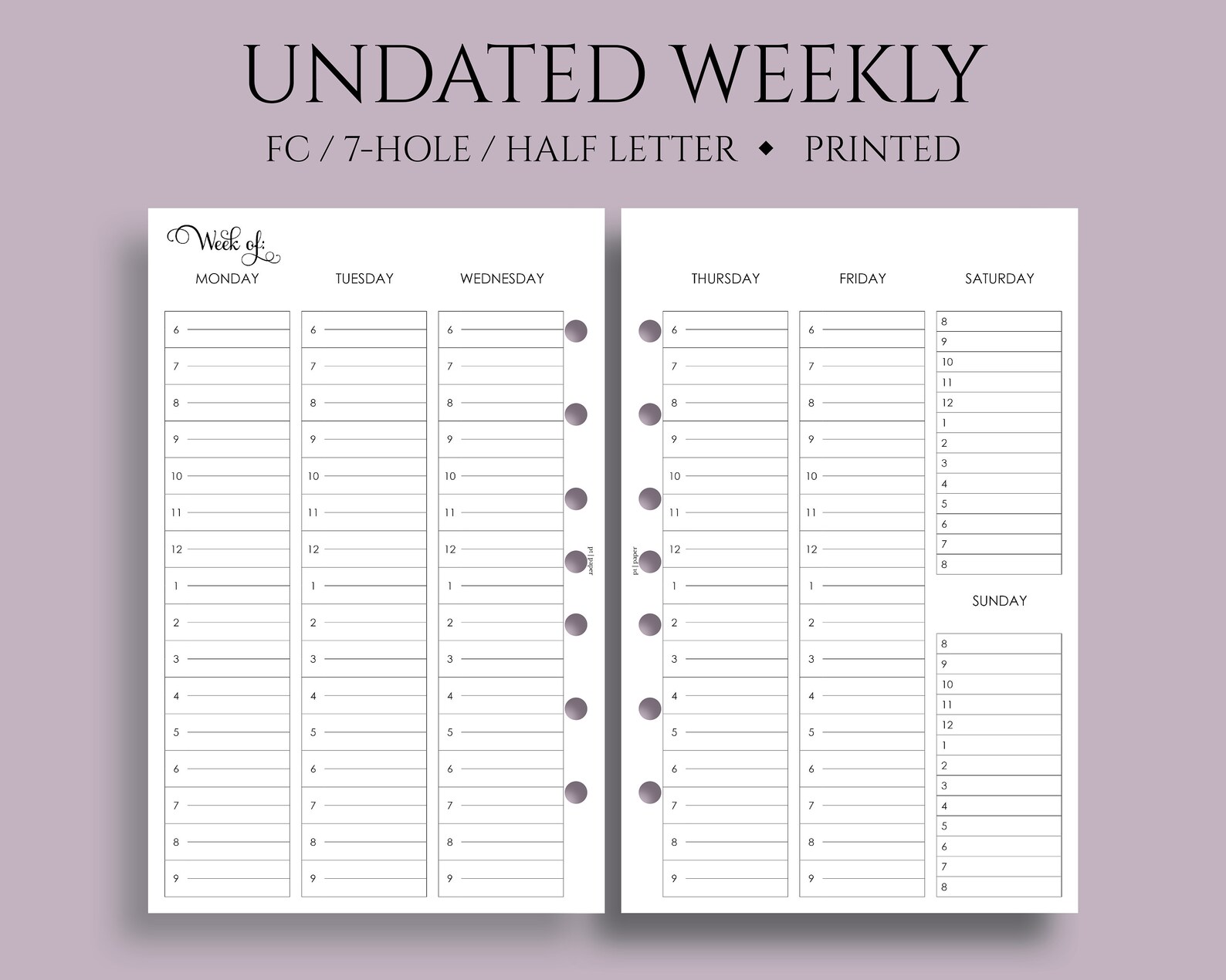 Undated Weekly Planner Inserts Vertical Timed Hourly Layout | Etsy