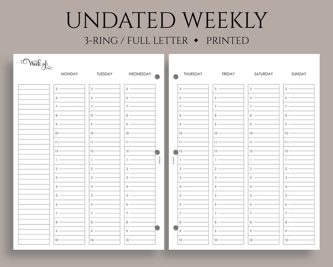 Undated Weekly Planner Inserts Two Page Vertical Timed Hourly - Etsy