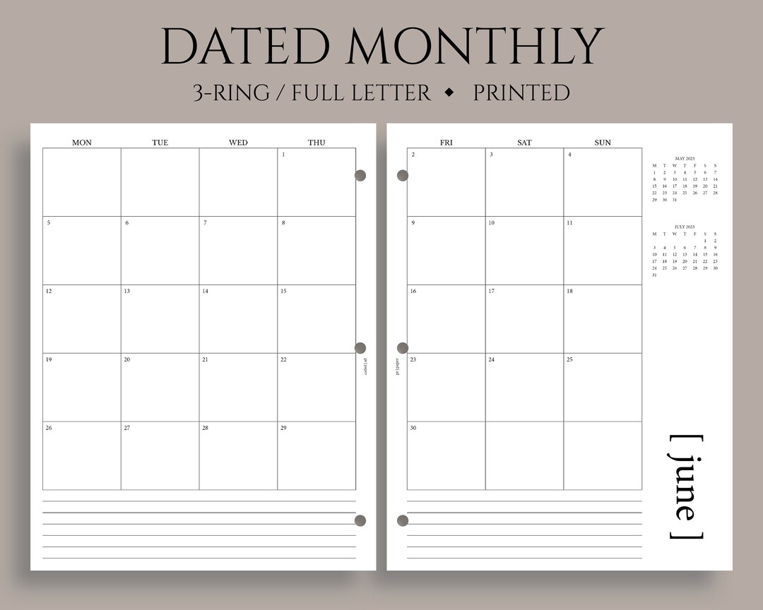 Dated Monthly Calendar Planner Inserts, Monday Start, MO2P, Minimal ...