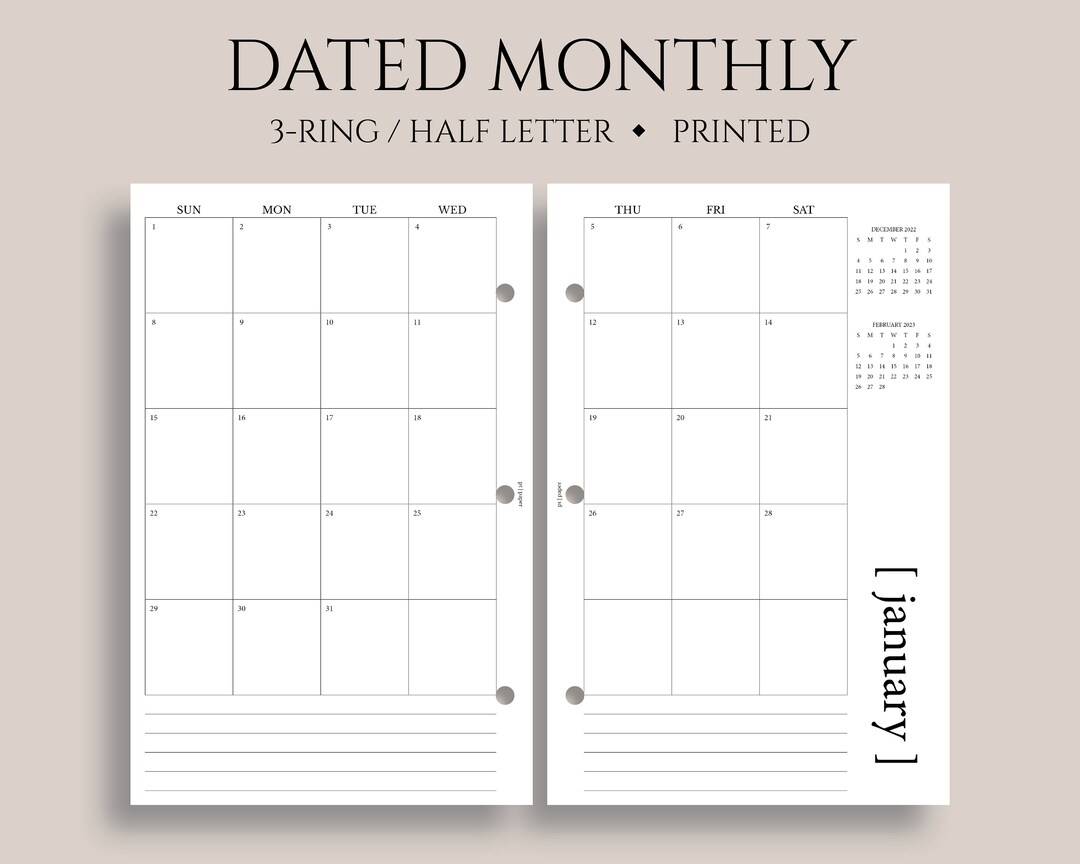 Dated Monthly Calendar Planner Inserts, Sunday Start, MO2P, Minimal ...
