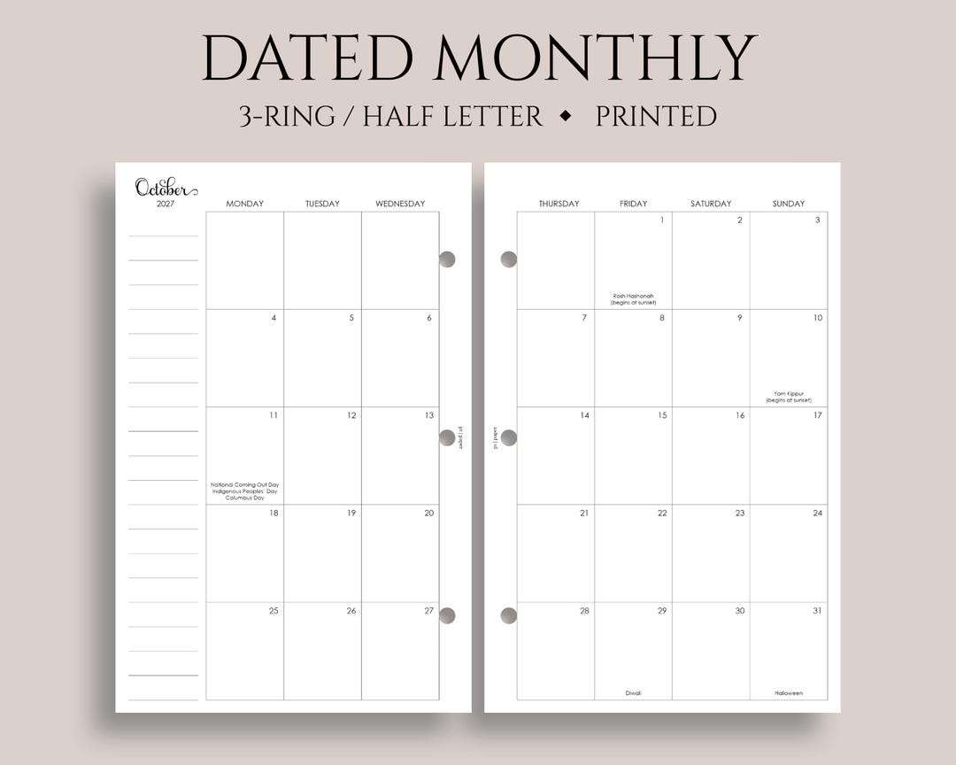 Dated Monthly Calendar Planner Inserts, 3-ring Mini, Half Letter ...