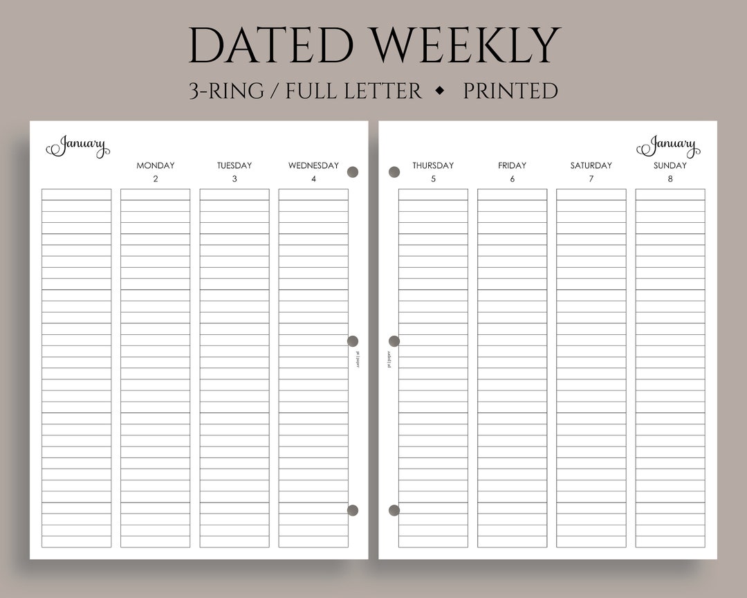 Dated Weekly Planner Inserts, Two Page Vertical Layout With Lined ...
