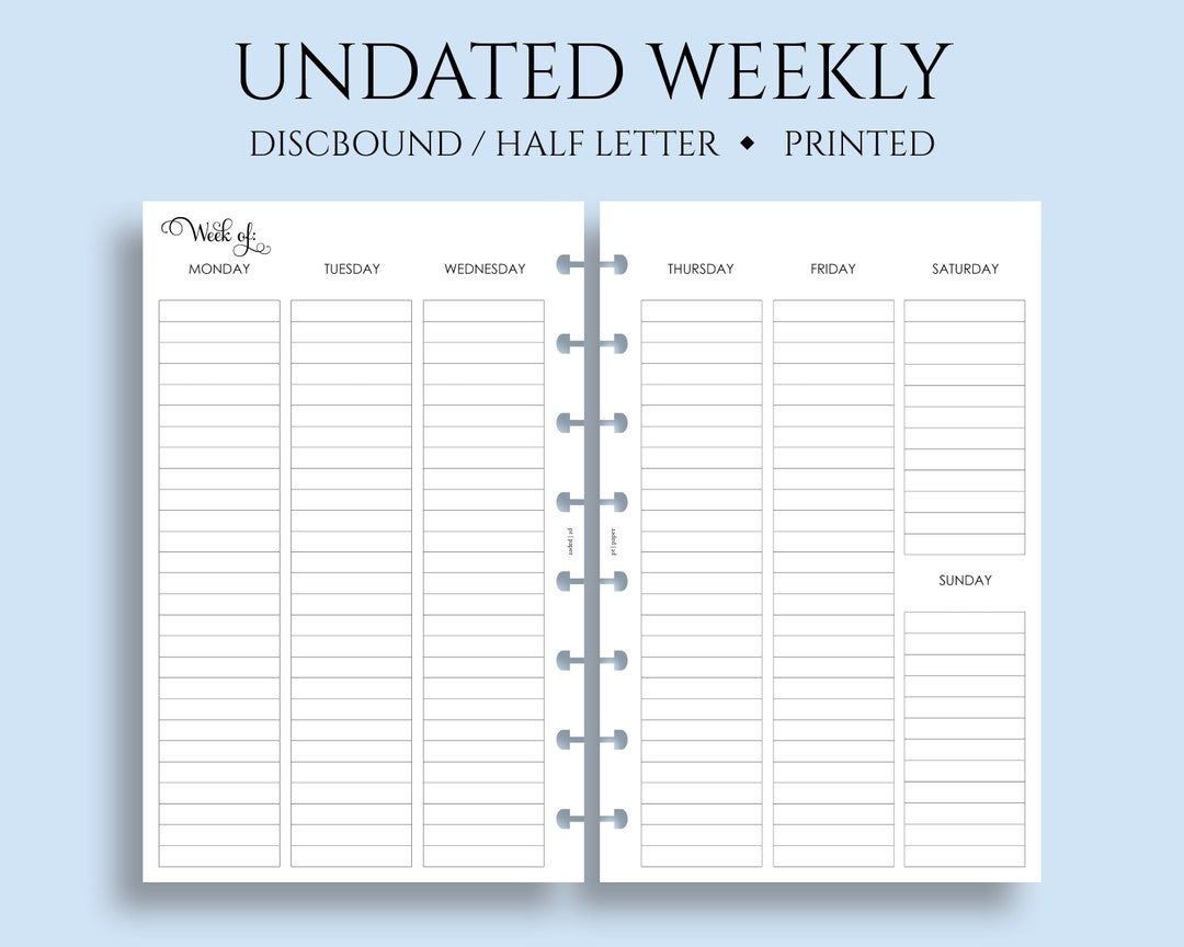 Undated Weekly Planner Inserts, Vertical Layout, Lined Columns, Week on ...