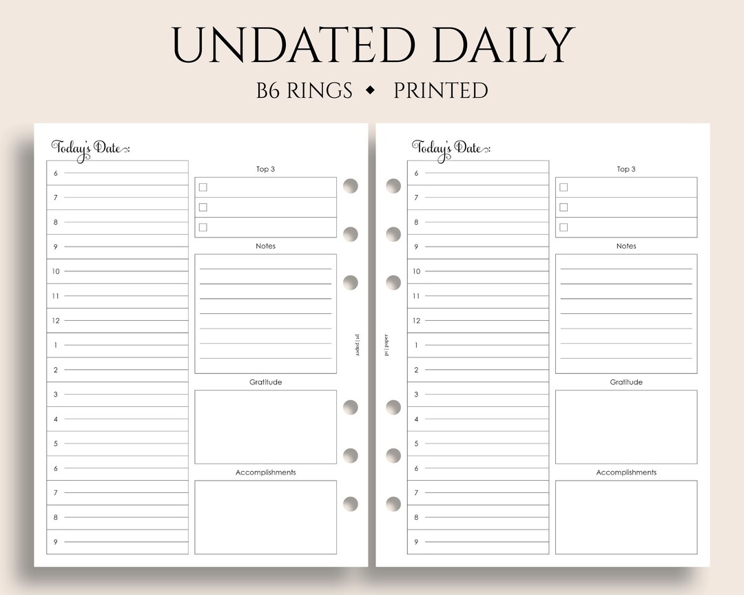 Undated Daily Planner Inserts, B6 Planner, 6-ring, Gratitude, Schedule ...