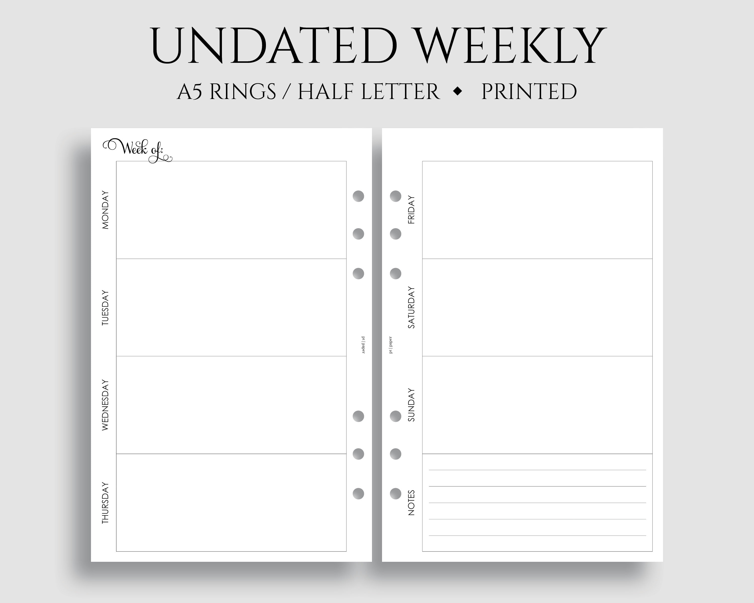 Undated Weekly Planner Inserts Two Page Horizontal Layout - Etsy