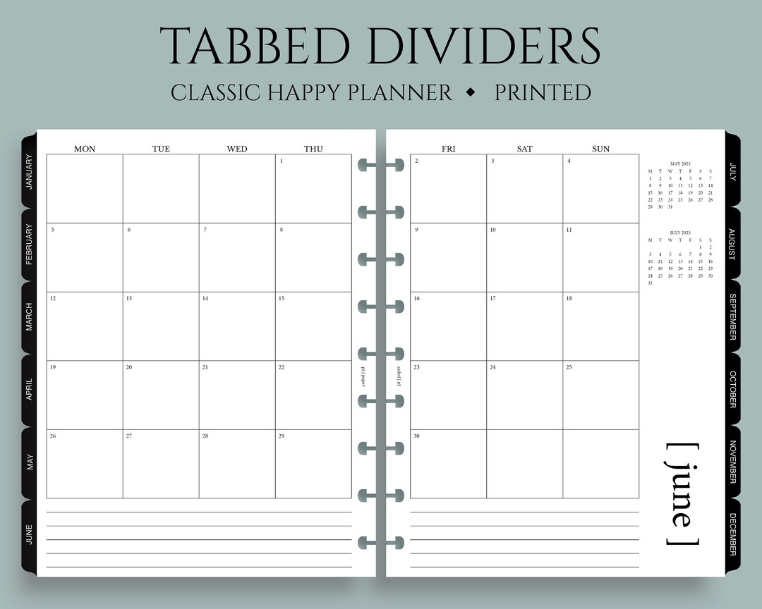 Tabbed Monthly Dividers, Printed Monthly Calendars With Mylar Tabs ...