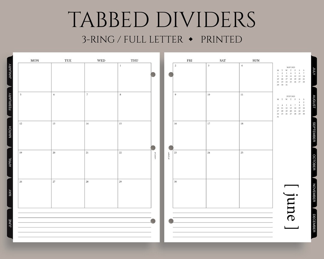Tabbed Monthly Dividers, Printed Monthly Calendars With Mylar Tabs ...