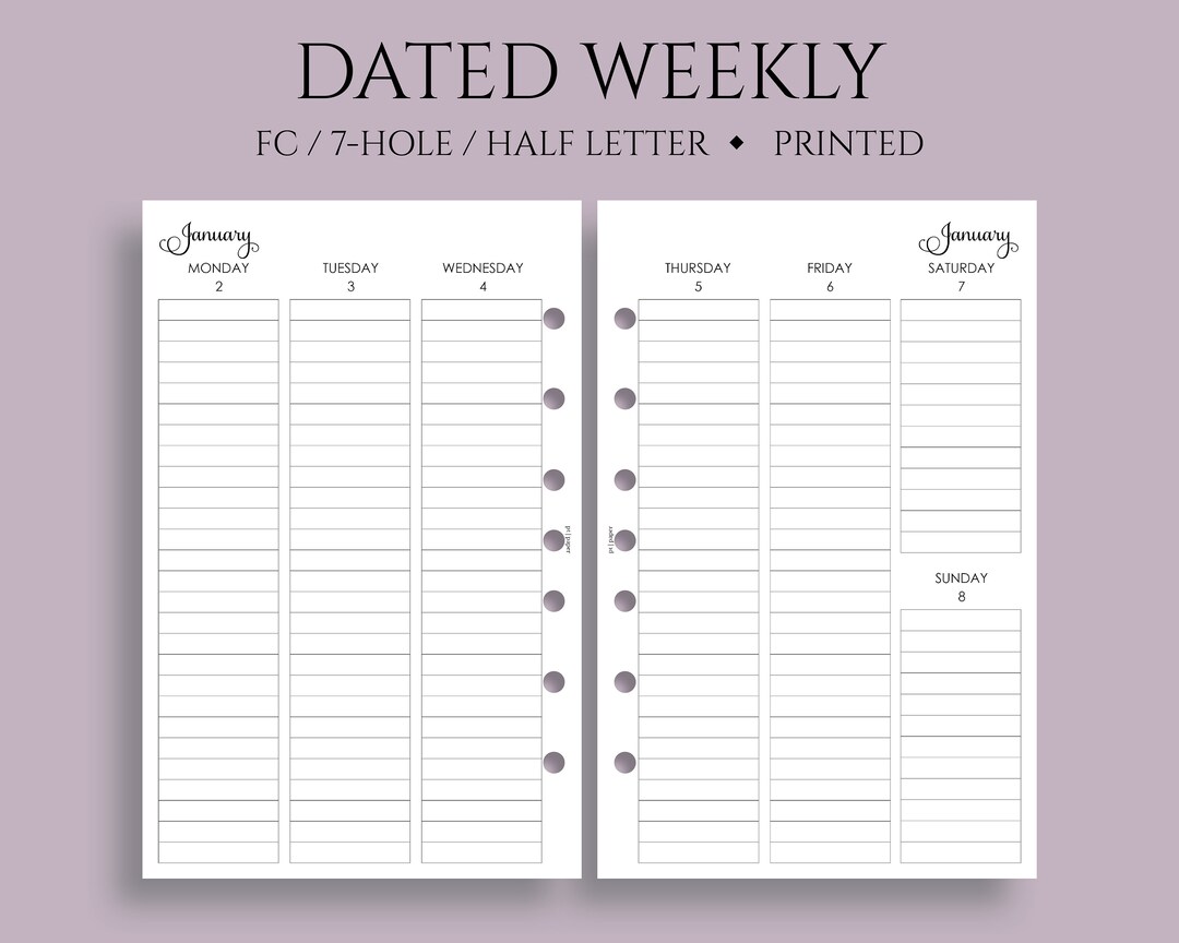 Dated Weekly Planner Inserts, Vertical Layout, Lined Columns, Week on ...