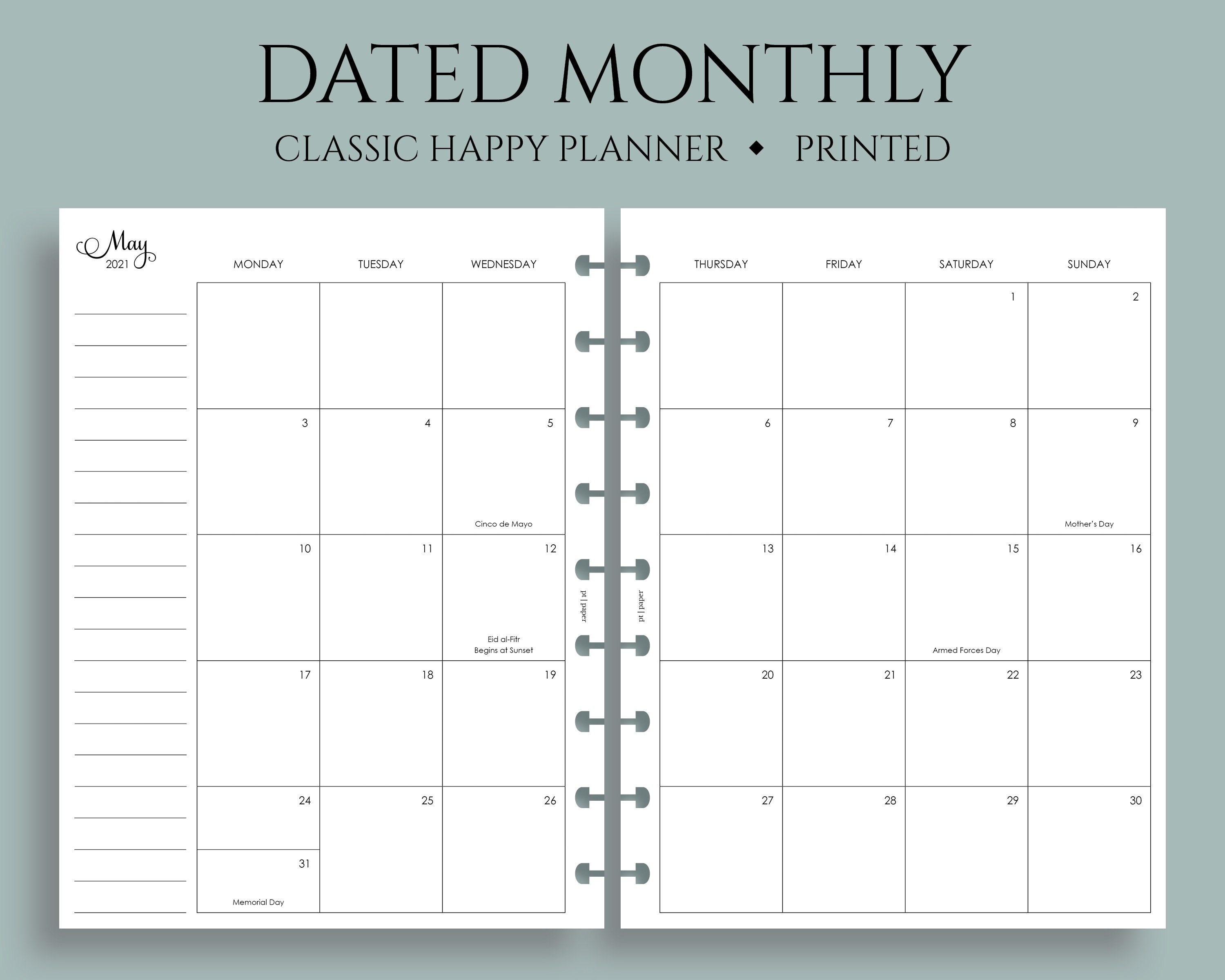 Dated Monthly Calendar Planner Inserts Monday Start Optional - Etsy